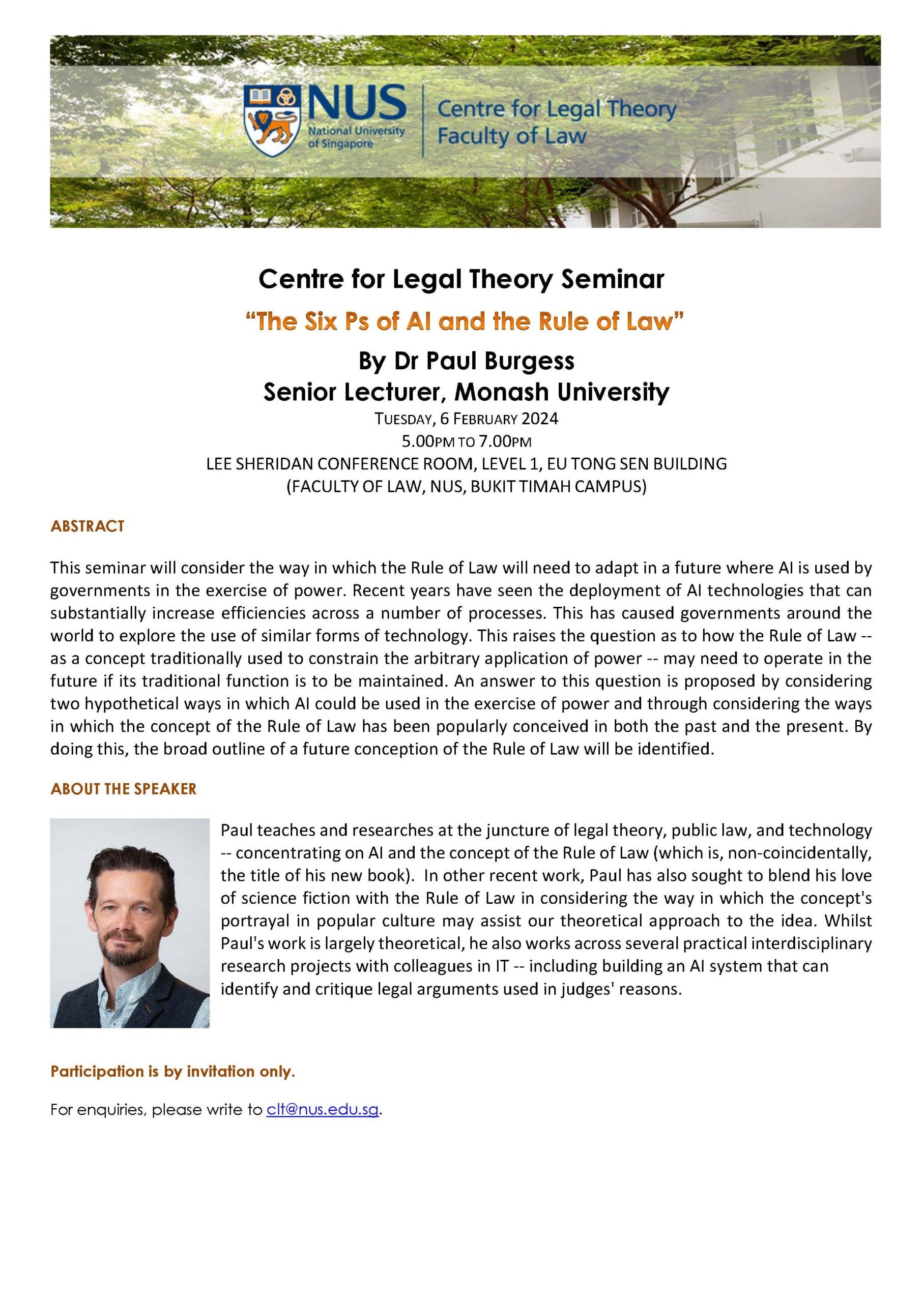 CLT Seminar "The Six Ps of AI and the Rule of Law" by Dr Paul Burgess ...